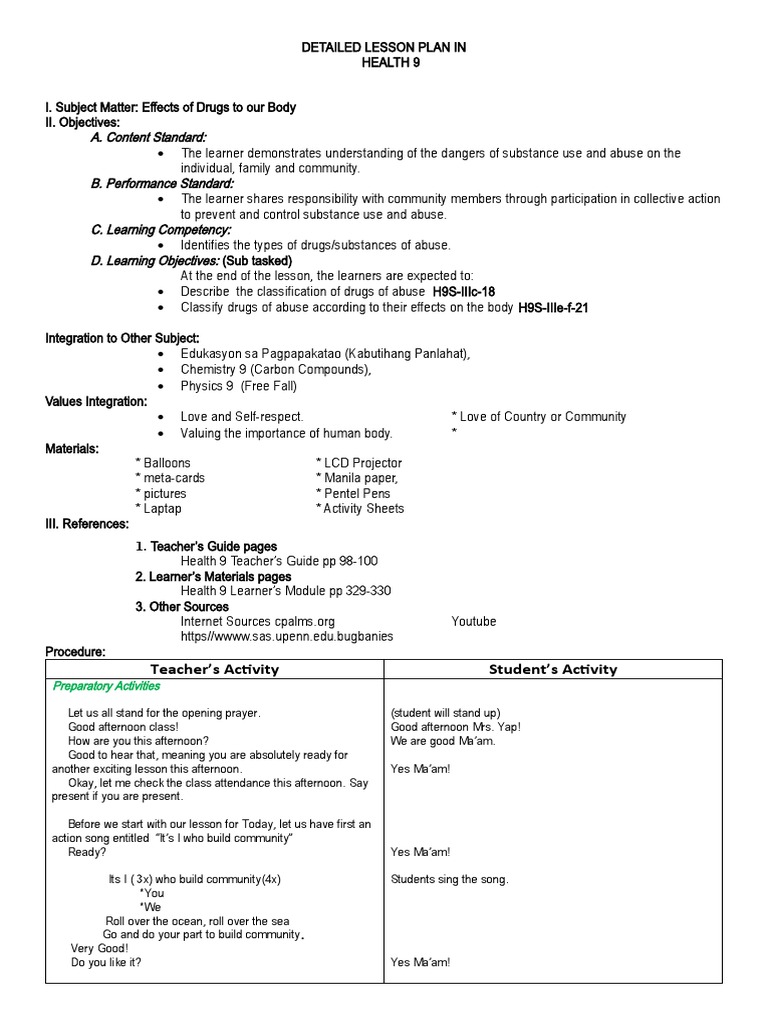 Detailed Lesson Plan in Health 9 | PDF | Recreational Drug Use | Stimulant