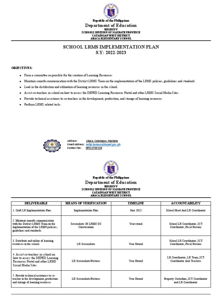 LRMS Implementation Plan | PDF | Educational Technology | Communication
