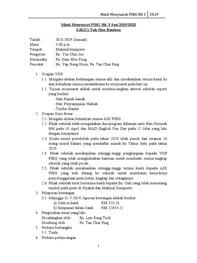 Minit Mesyuarat PIBG Bil 3 - 2019 | PDF