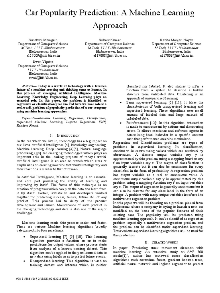 Car Popularity Prediction Pdf Machine Learning Statistical Classification