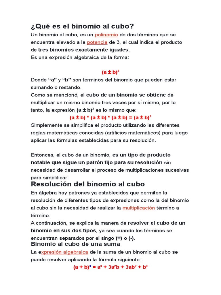 Cubo de un Binomio: Definición y Fórmulas | PDF | Multiplicación | Fórmula