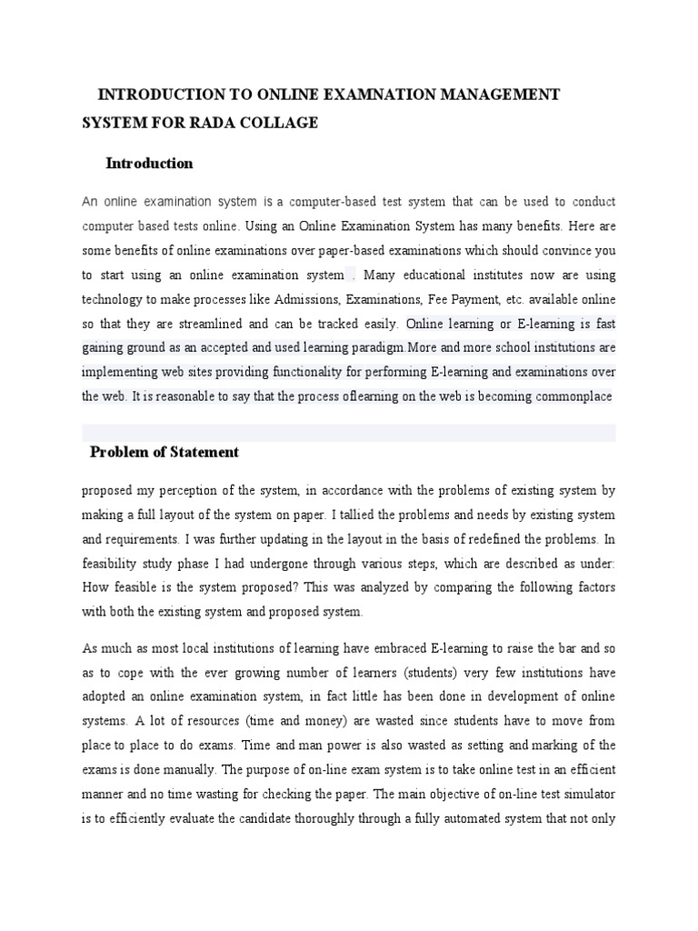 INTRODUCTION TO EXAMNATION Management System | PDF | Educational ...