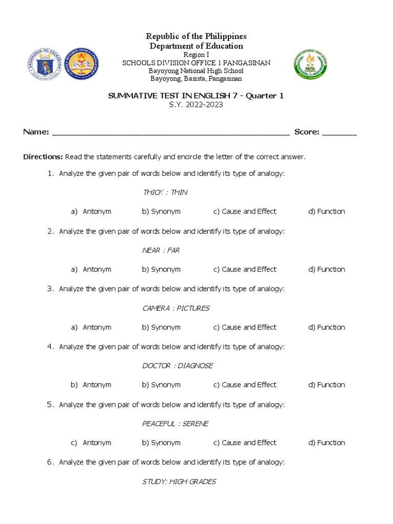 Summative Test (Grade 7) | PDF | Sentence (Linguistics) | Clause