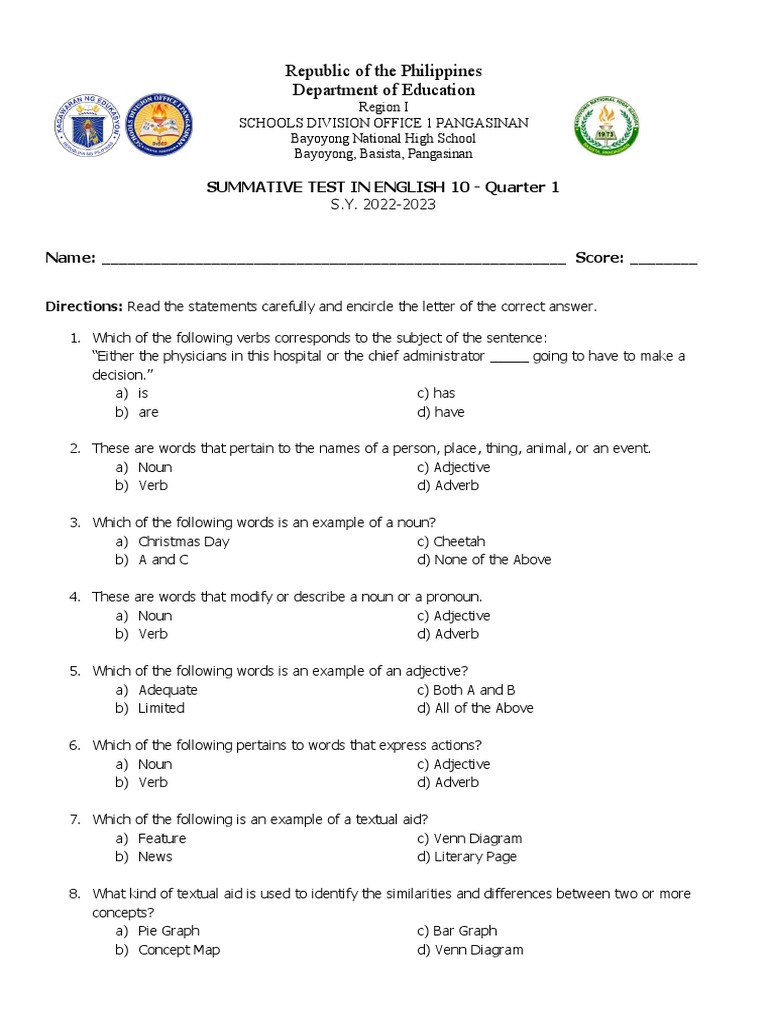 Summative Test (Grade 10) | PDF | Adjective | Adverb