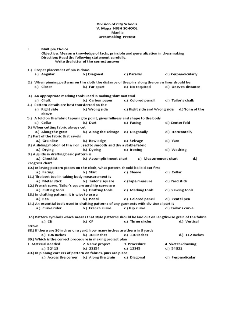 Dressmaking Pretest for Grade 10 | PDF | Seam (Sewing) | Sewing
