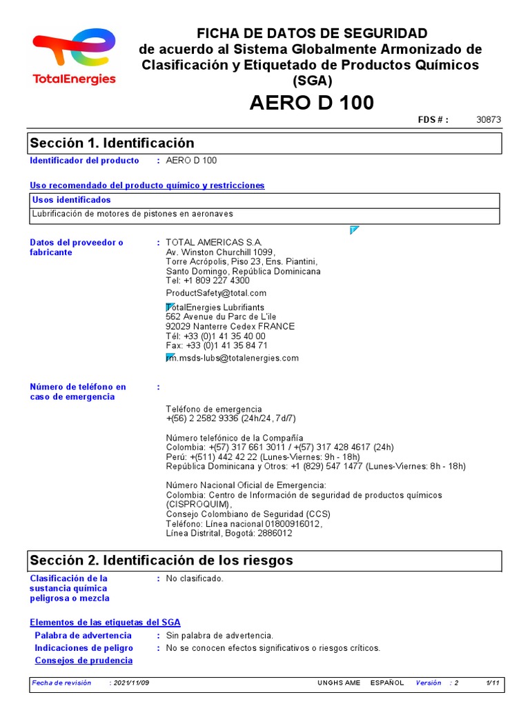 SDS - TOTAL - Aero - D 100 | PDF | Agua | Residuos