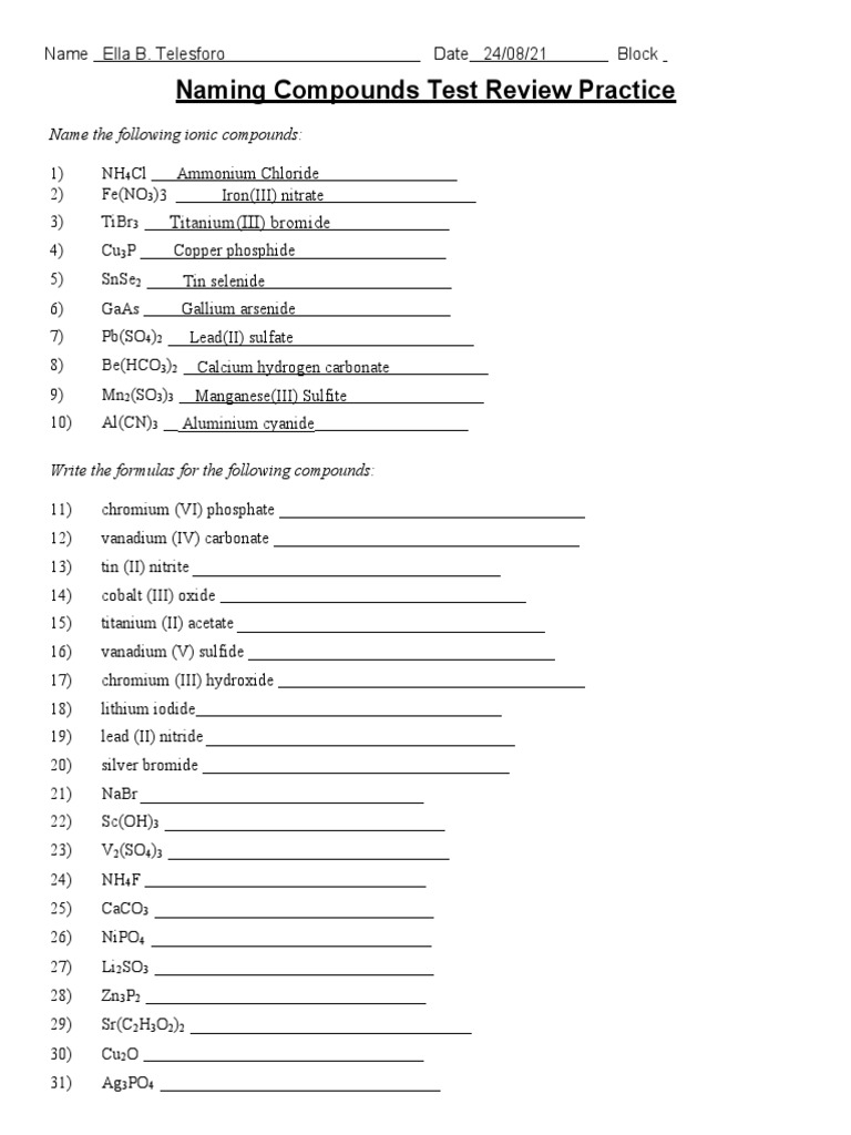 Naming Compounds Practice Worksheet | PDF | Chemical Polarity ...