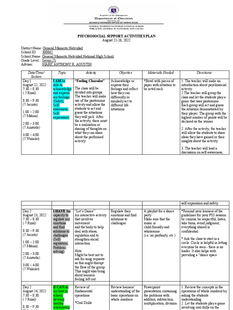 Psychosocial Support Activities Plan | PDF | Behavioural Sciences ...