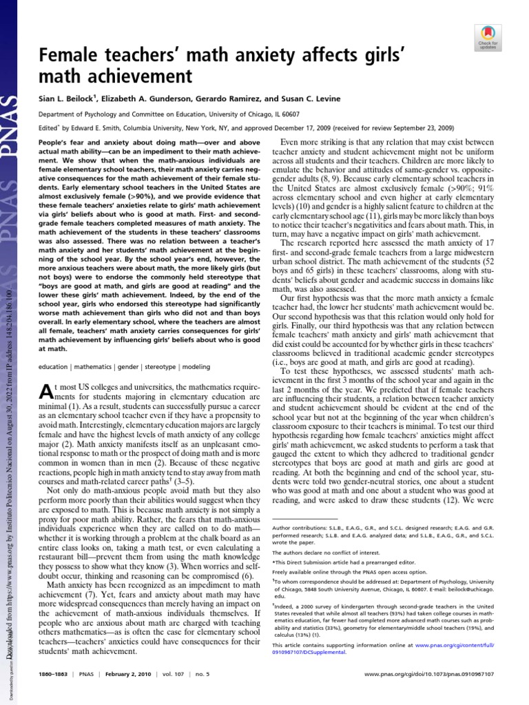 Female Teachers' Math Anxiety Affects Girls' Math Achievement | PDF ...