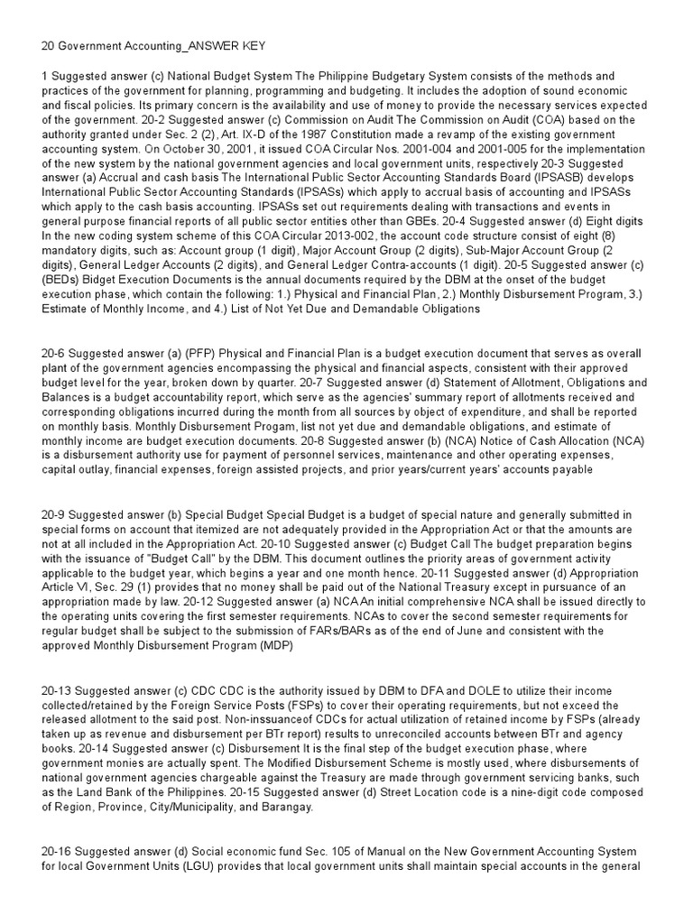20 Government Accounting - ANSWER KEY | PDF | Budget | Expense