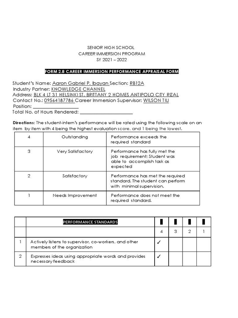 Form 2.8 Career Immersion Performance Appraisal Form | PDF ...