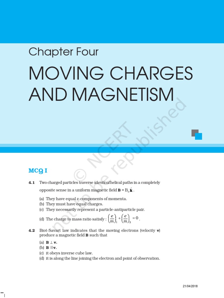 Moving Charges and Magnetism Exampler | PDF | Magnetic Field | Electron