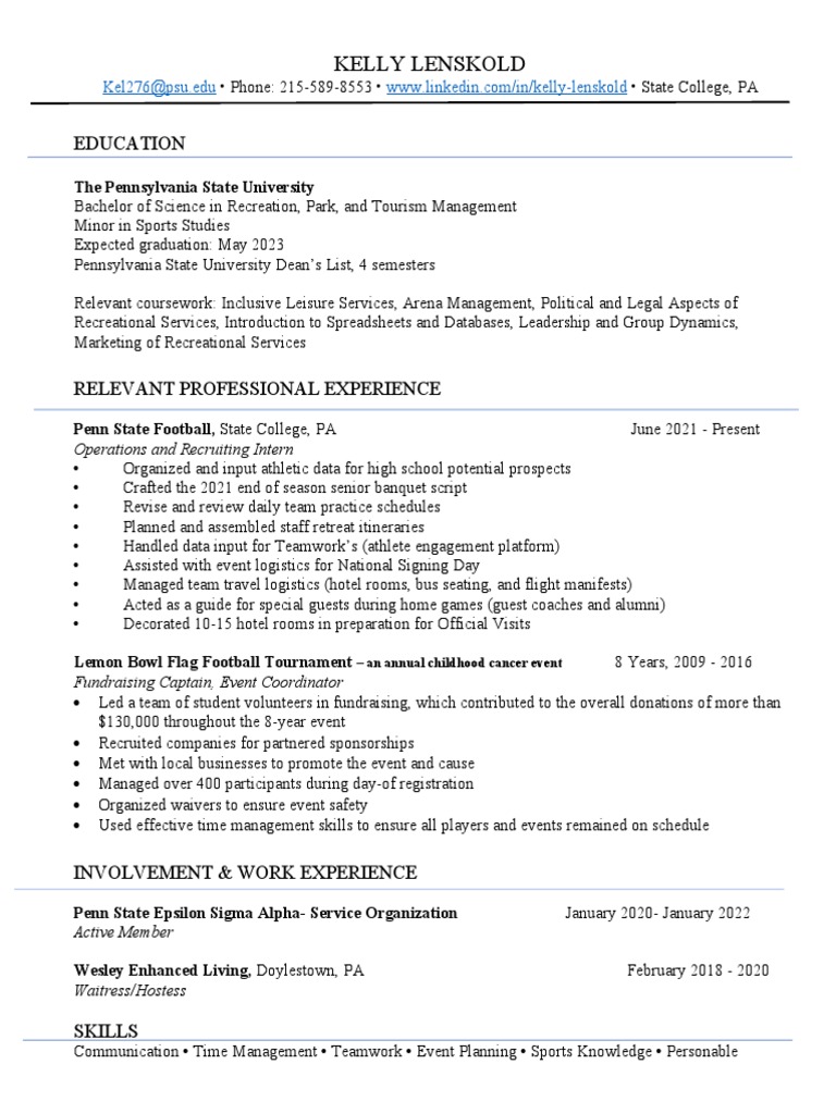 Kelly Lenskold: Recreation & Sports Management Resume | PDF