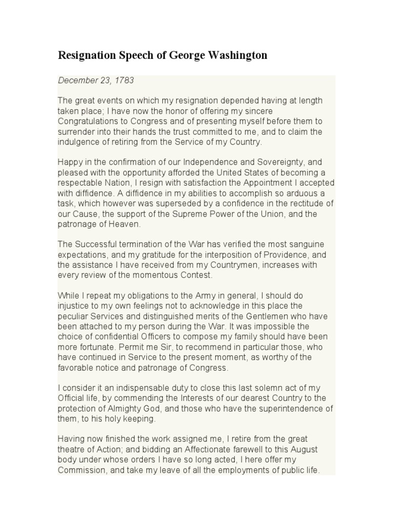 Resignation Speech of George Washington | PDF