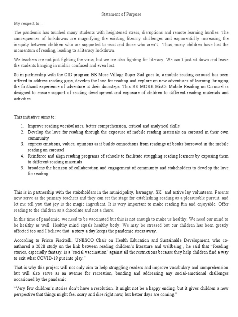 Statement of Purpose Reading | PDF | Literacy | Learning