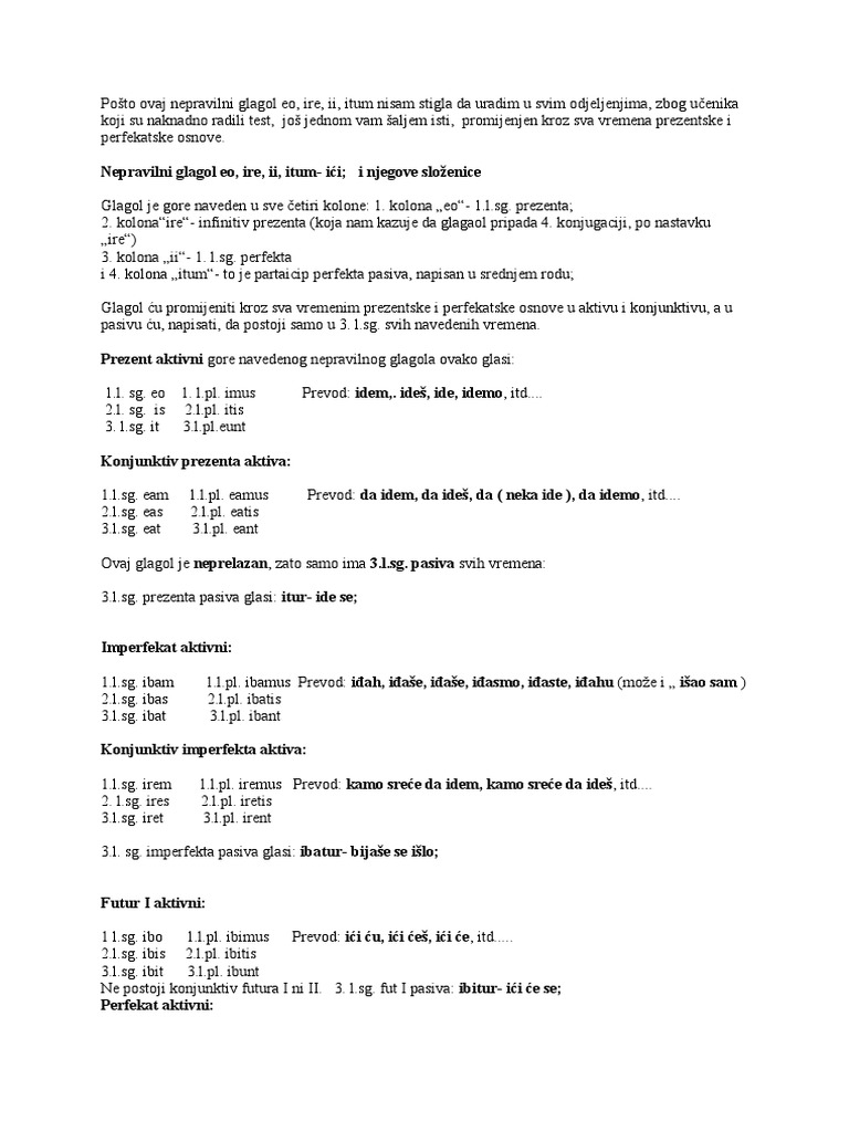 Nepravilni Glagol Eo. Ire Za IV Razred | PDF