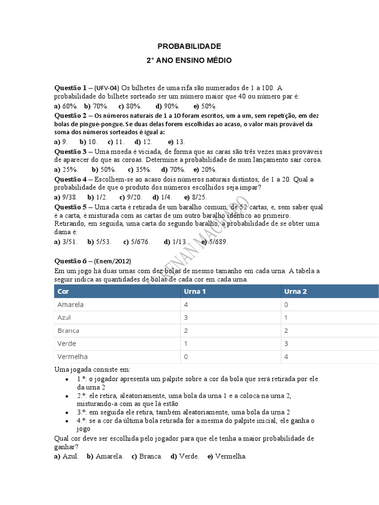 PROBABILIDADE - Lista | PDF | Probabilidade