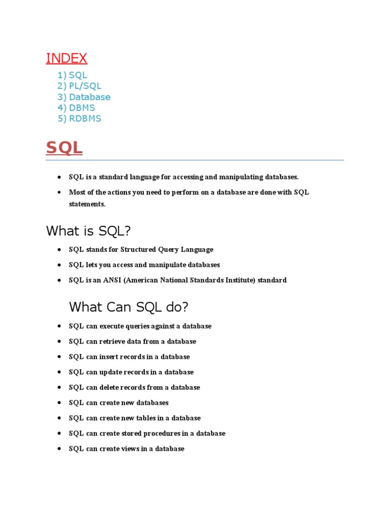 Index: What Is SQL? | PDF | Sql | Pl/Sql