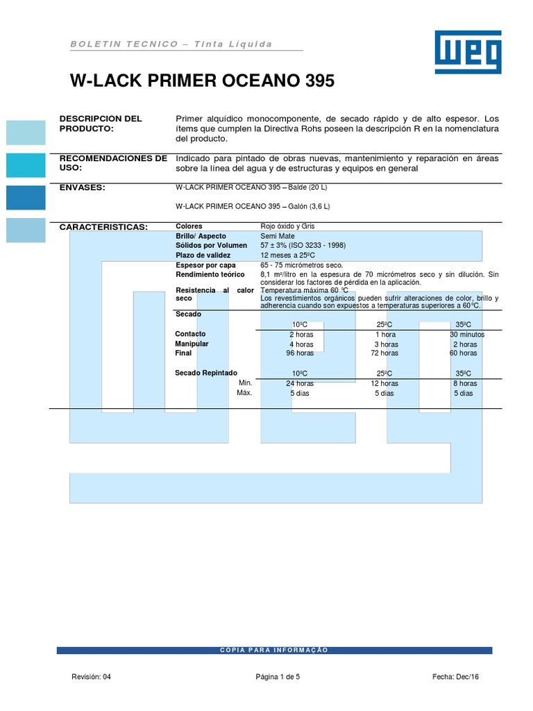 W-Lack Primer Oceano 395 (Es) | Descargar gratis PDF | Abrasivo | Agua