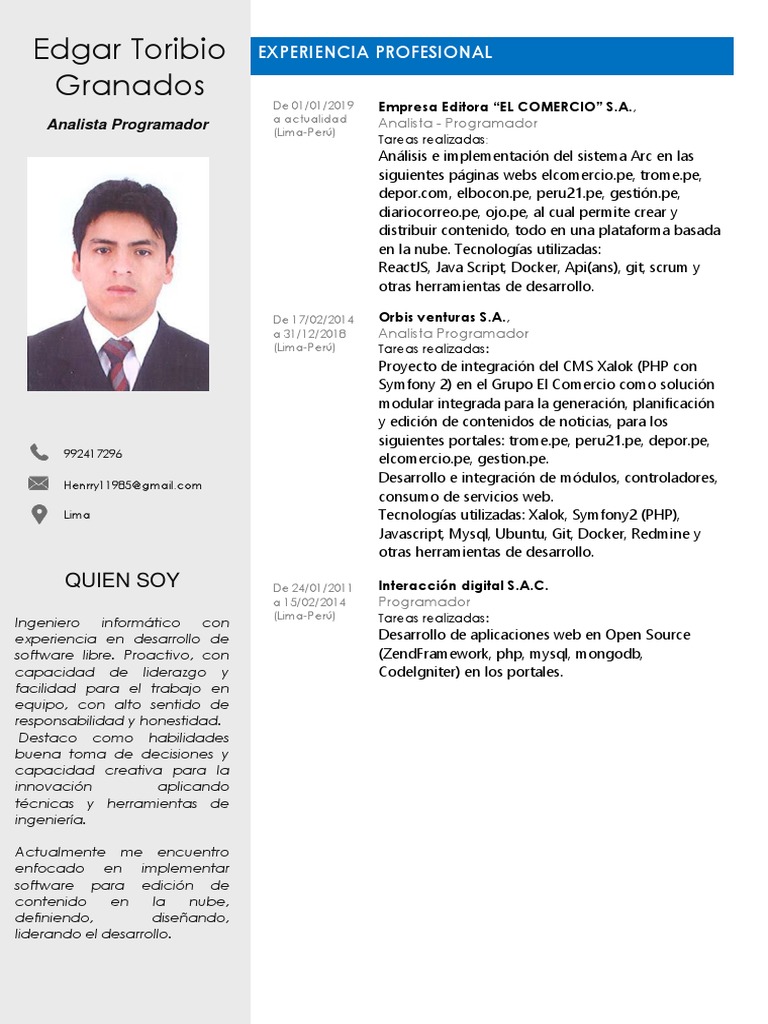 Curriculum-Vitae-Ingeniero-Edgar Toribio Granados | PDF | Php | Mi sql