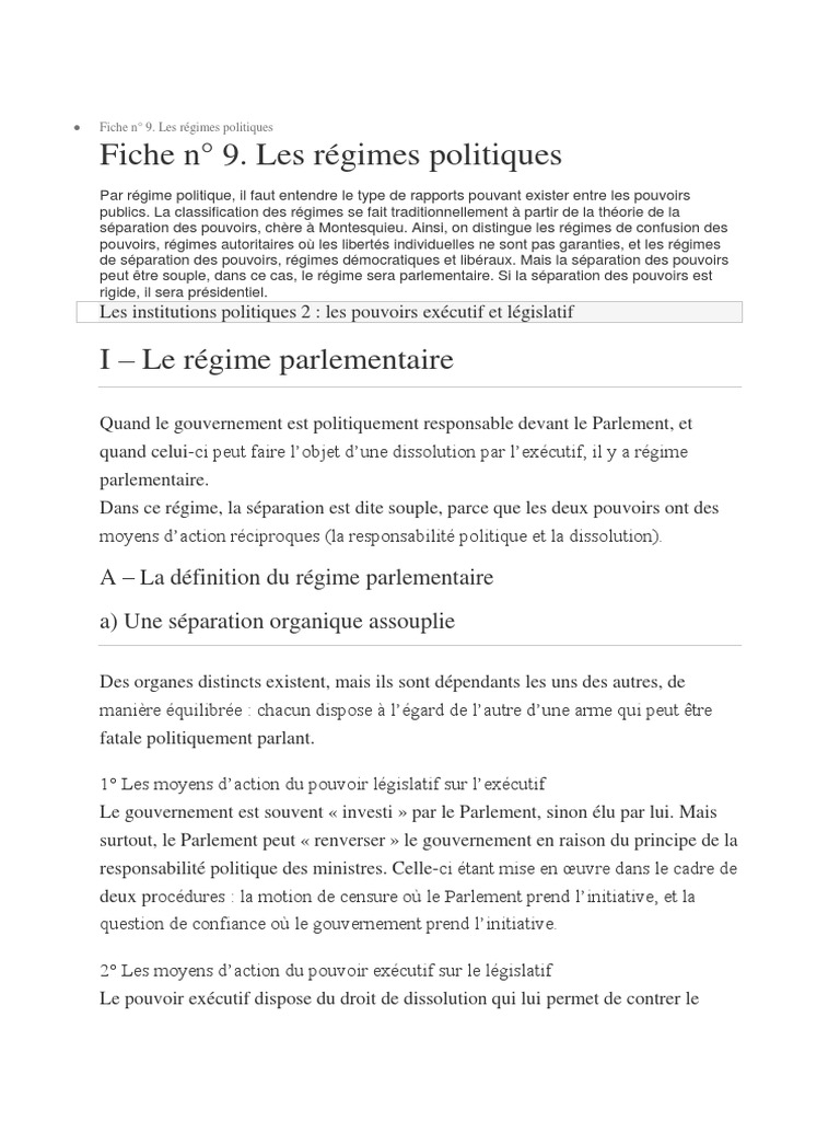 Régimes politiques : parlementaire et dualiste | PDF | Politique ...