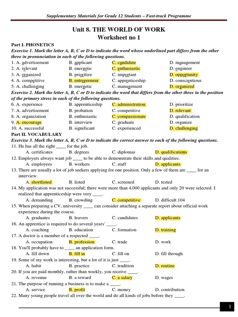 Worksheet No 1 - Unit 8 | PDF | Harry Potter | Apprenticeship