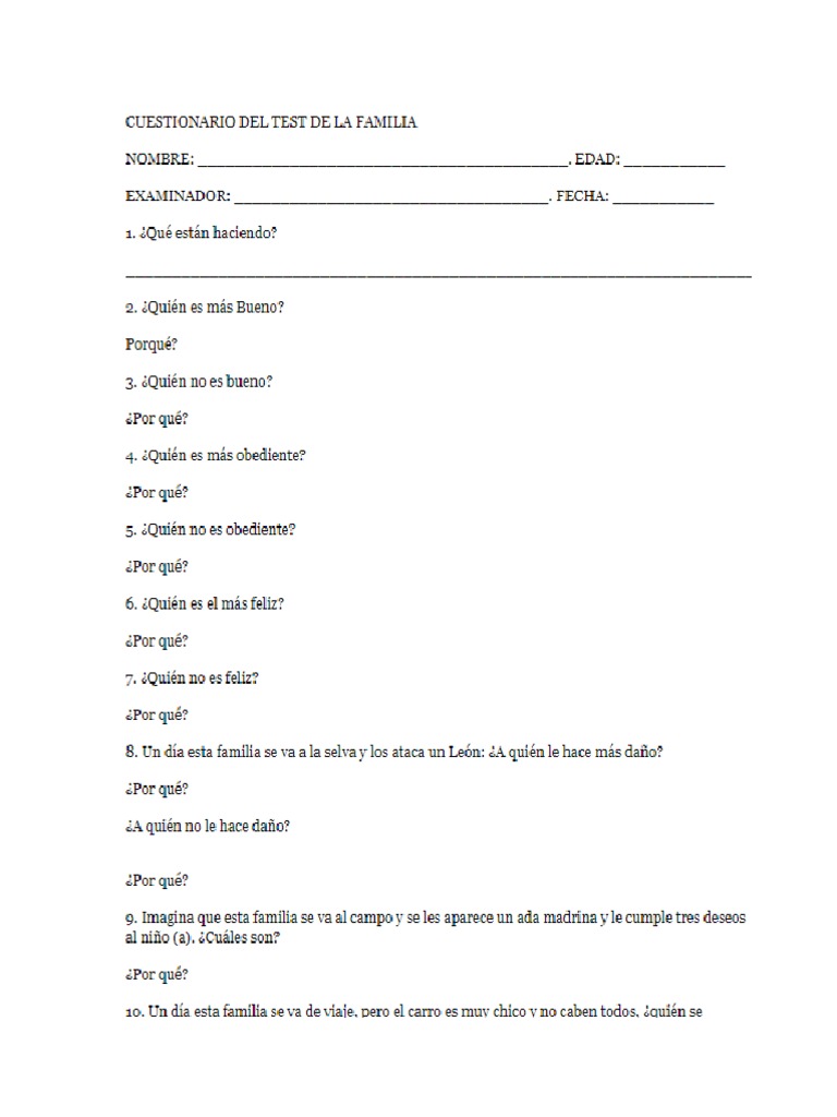 Cuestionario Test de Familia | PDF