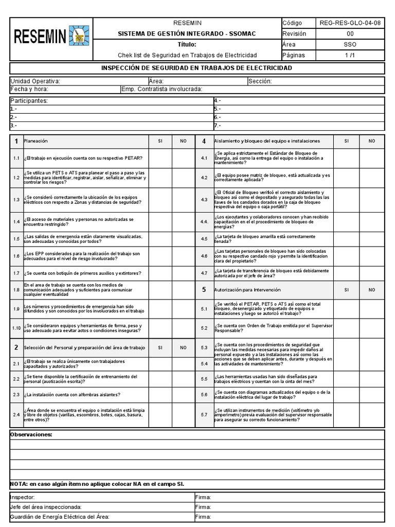 Checklist de Seguridad Eléctrica | PDF | Metrología | Ingenieria Eléctrica