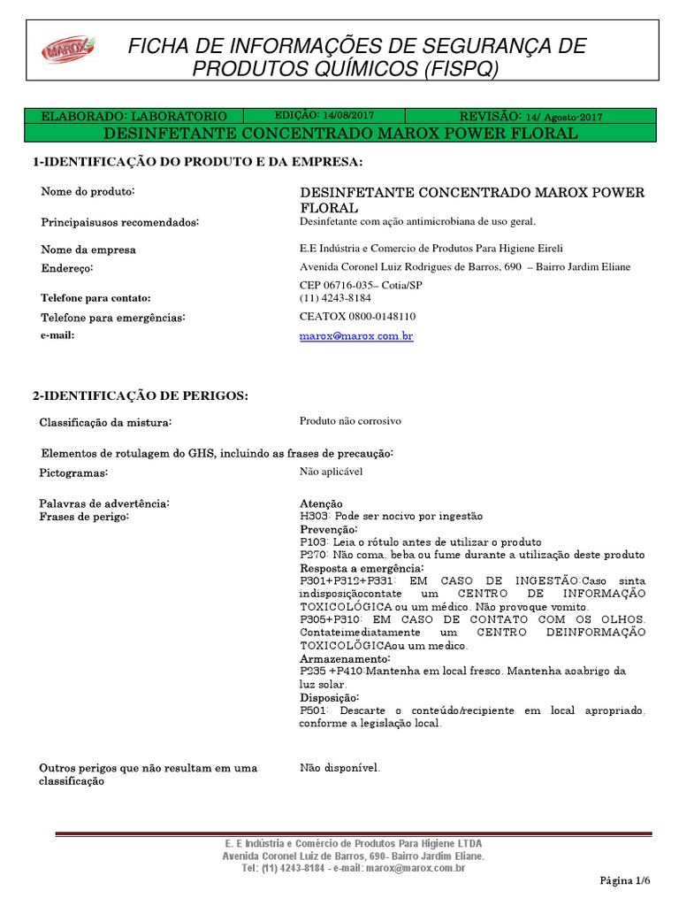 Fispq Desinfetante Concentrado Marox Power Floral | Download grátis PDF | Embalagem e rotulagem ...