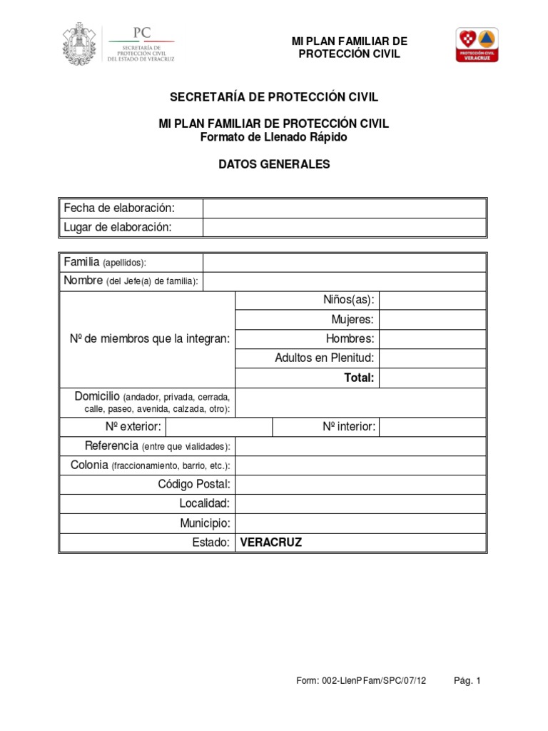 Protección Civil Formato Plan Familiar | PDF | Defensa Civil | Ciclones tropicales