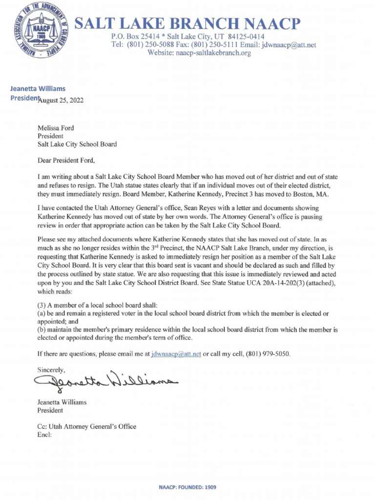 NAACP Letter To Salt Lake City School Board President | PDF