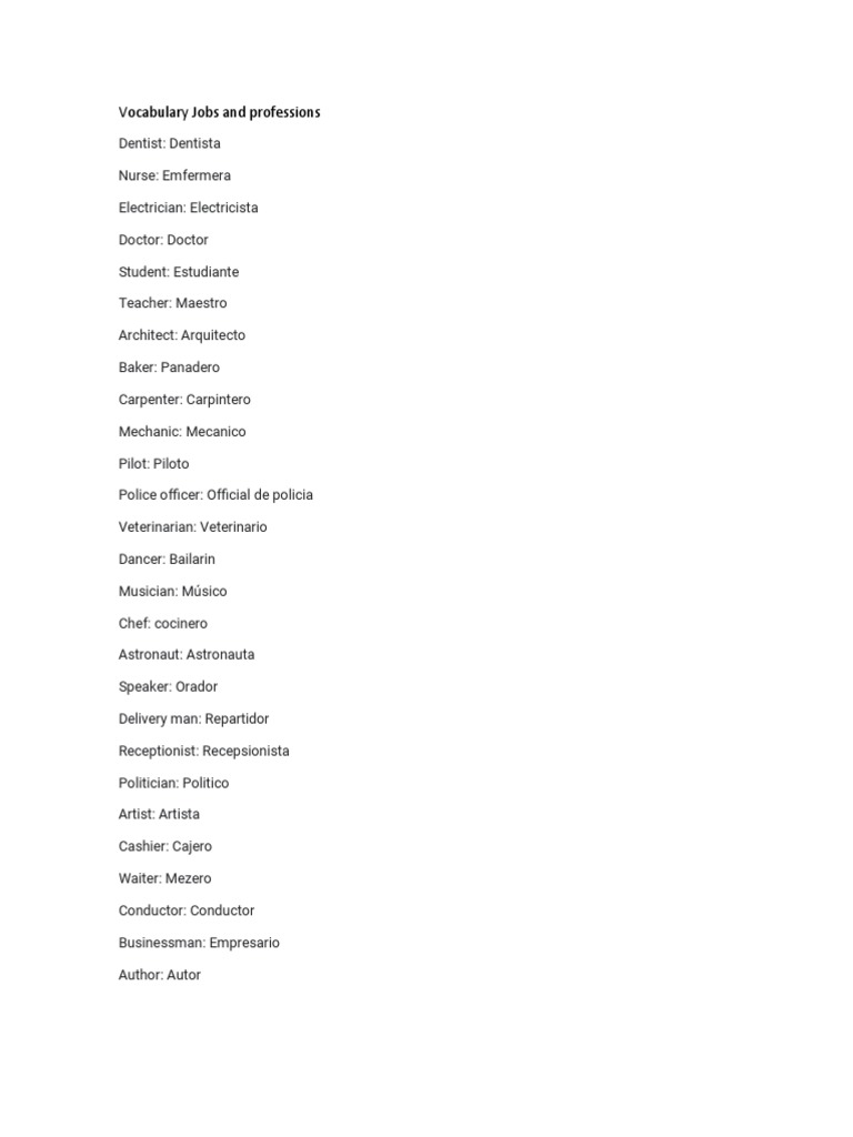 Vocabulary Jobs and Professions | PDF