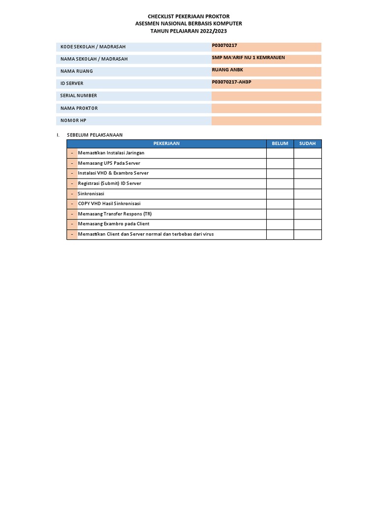 Checklist Pekerjaan Proktor ANBK - 2022 | PDF