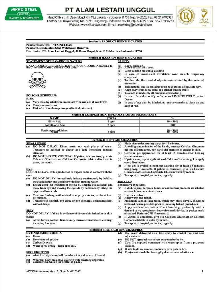 Msds Pickling Nikko Steel Stainclean | PDF
