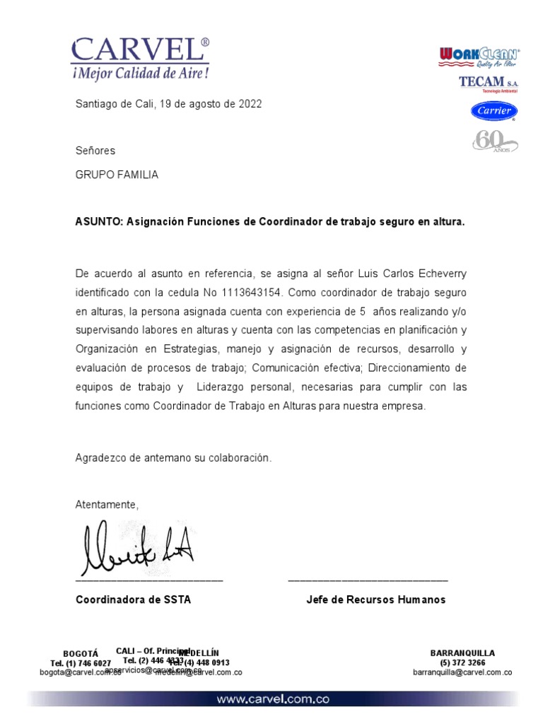 Carta Designacion Coor de Alturas Carvel | PDF