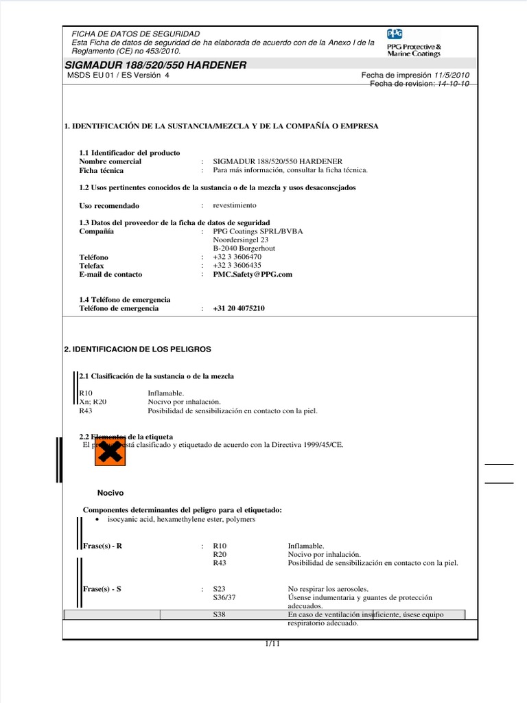 Vdocuments - MX - Msds Sigmadur 188 520 550 Hardener Esp | PDF | Agua ...
