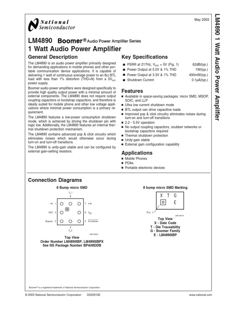 LM4890 1 Watt Audio Power Amplifier: General Description Key Specifications | PDF | Amplifier ...