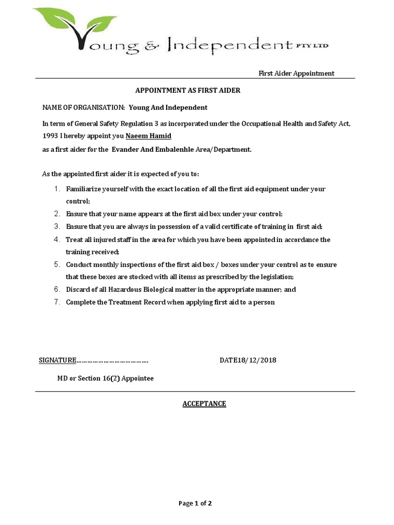 First Aider Appointment Letter | PDF | Law