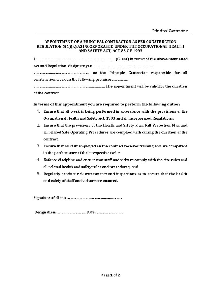 001 Principal Contractor Appointment | PDF