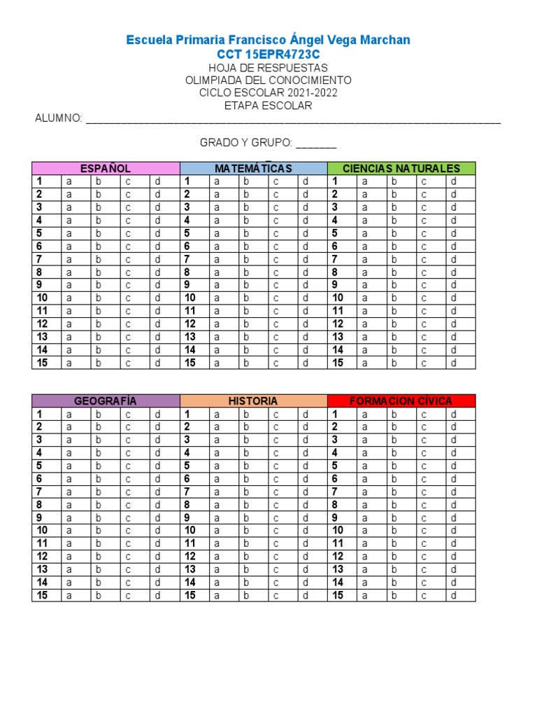 Hoja de Respuestas Olimpiada | PDF