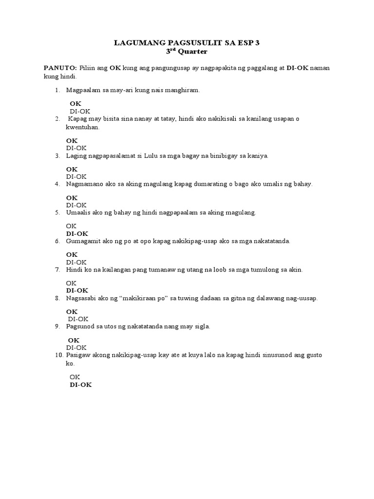 #1 3RD Q Lagumang Pagsusulit Sa Esp 3 | PDF