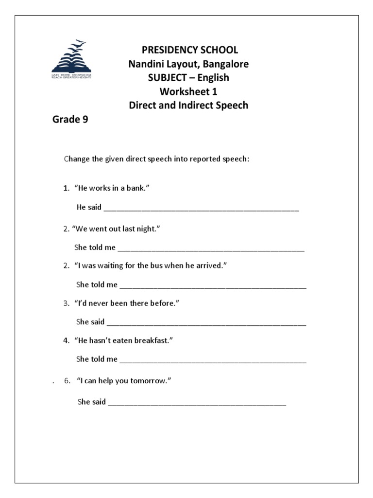 Worksheet 1 - Direct and Indirect Speech | PDF