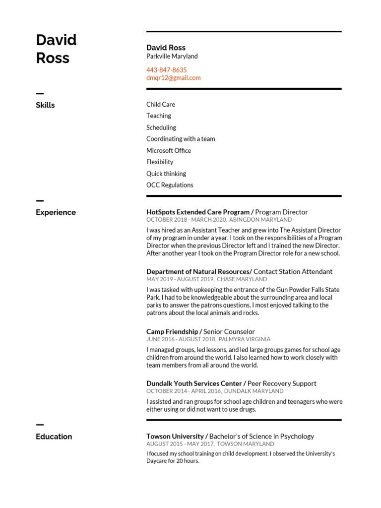 David Ross Resume | PDF | Child Care | Autism