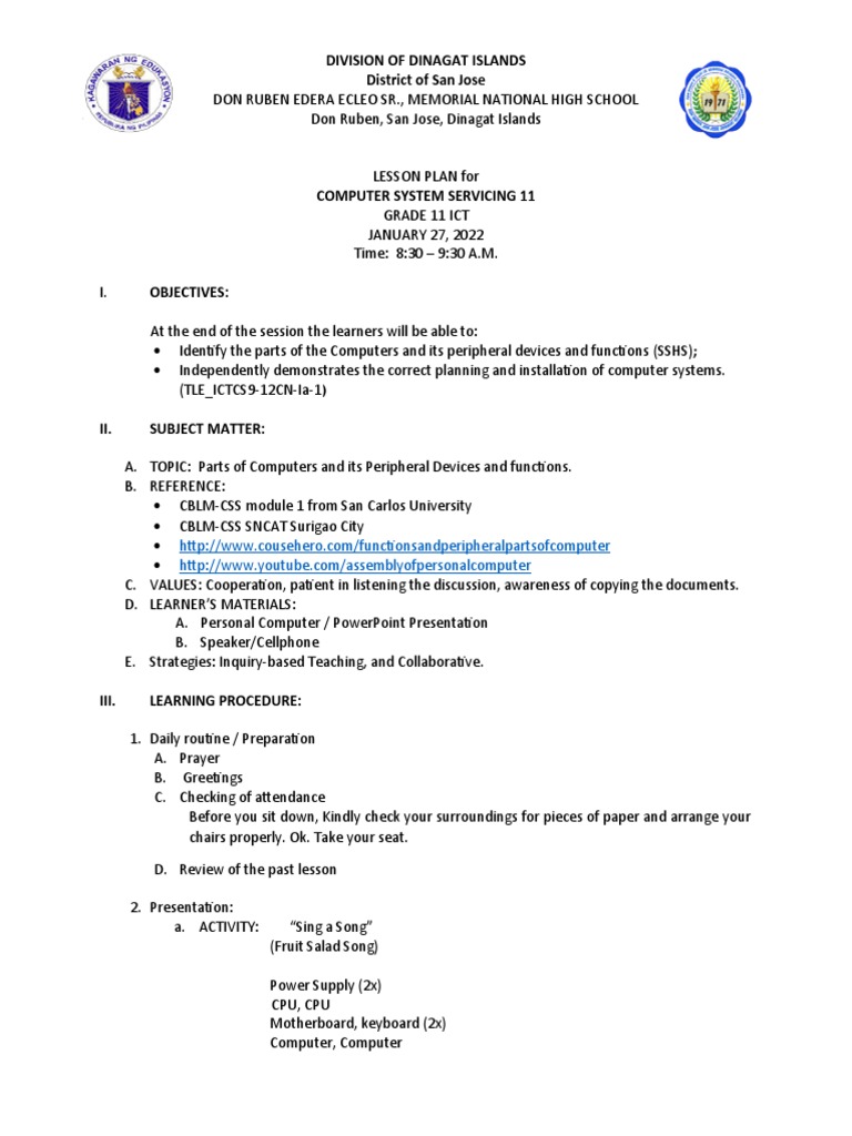 Semi-Lesson plan-cot-CSS11 | PDF | Computer Data Storage | Random Access Memory