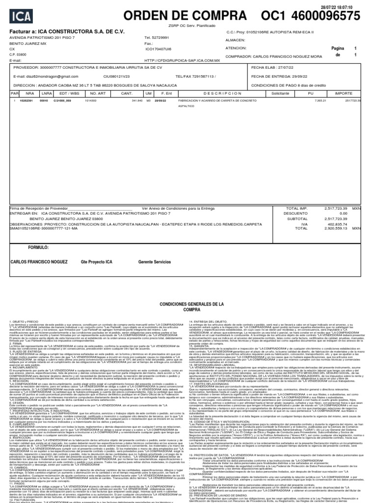 OC1 Orden de Compra: Facturar A: Ica Constructora S.A. de C.V | PDF | Privacidad de la ...