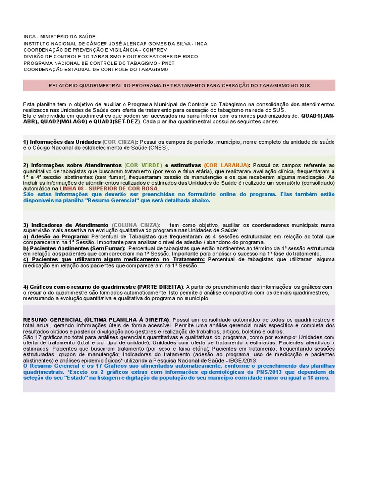 Relatório Quadrimestral PNCT 2018 | PDF | Nicotina | Planilha