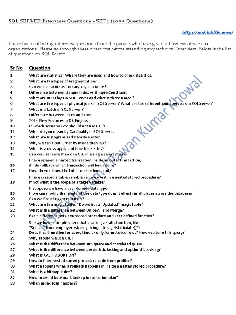 SQL Server Interview Questions Set 1 | PDF | Microsoft Sql Server ...
