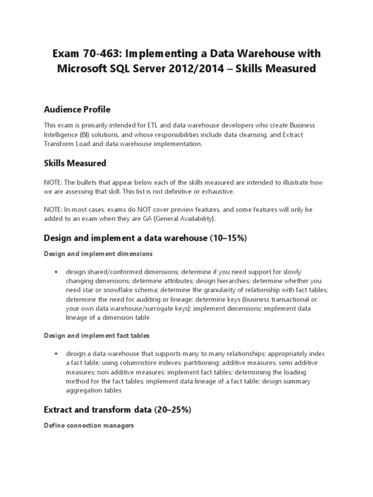 Exam 70 463 Implementing A Data Warehouse With Microsoft Sql Server 2012 2014 Skills Measured 