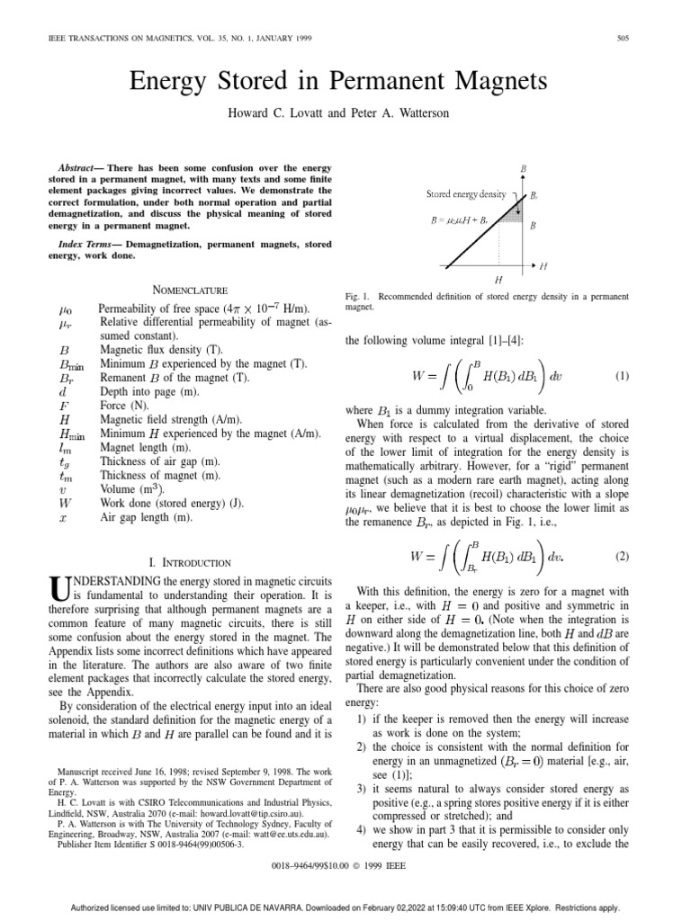 Energy Stored in Permanent Magnets | PDF | Magnetization | Magnet