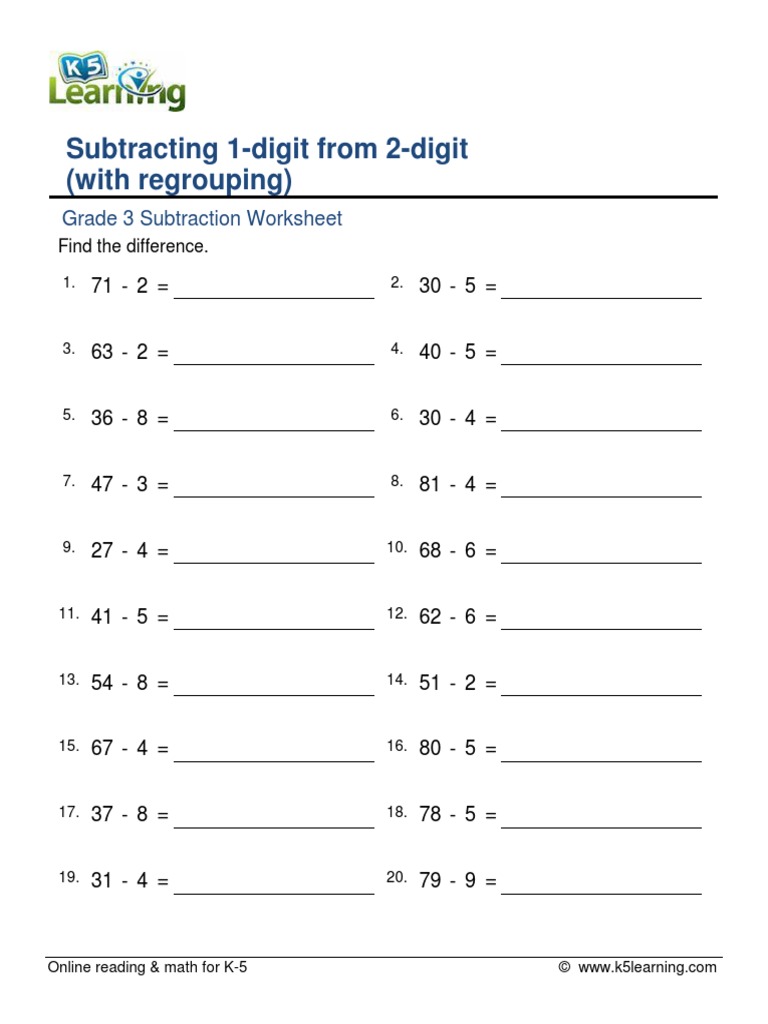 Grade 3 Subtract 1 Digit From 2 Digit A | PDF
